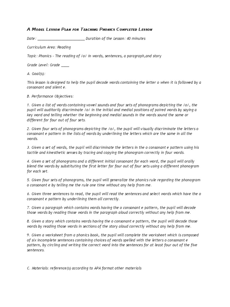 A Model Lesson Plan For Teaching Phonics Completed Lesson | PDF ...