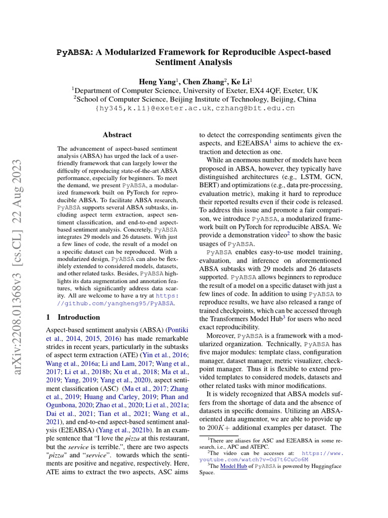 Pyabsa:: A Modularized Framework For Reproducible Aspect-Based Sentiment Analysis | PDF