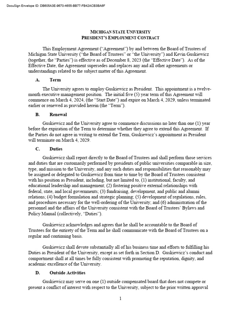 MICHIGAN STATE UNIVERSITY PRESIDENT’S EMPLOYMENT CONTRACT | PDF ...