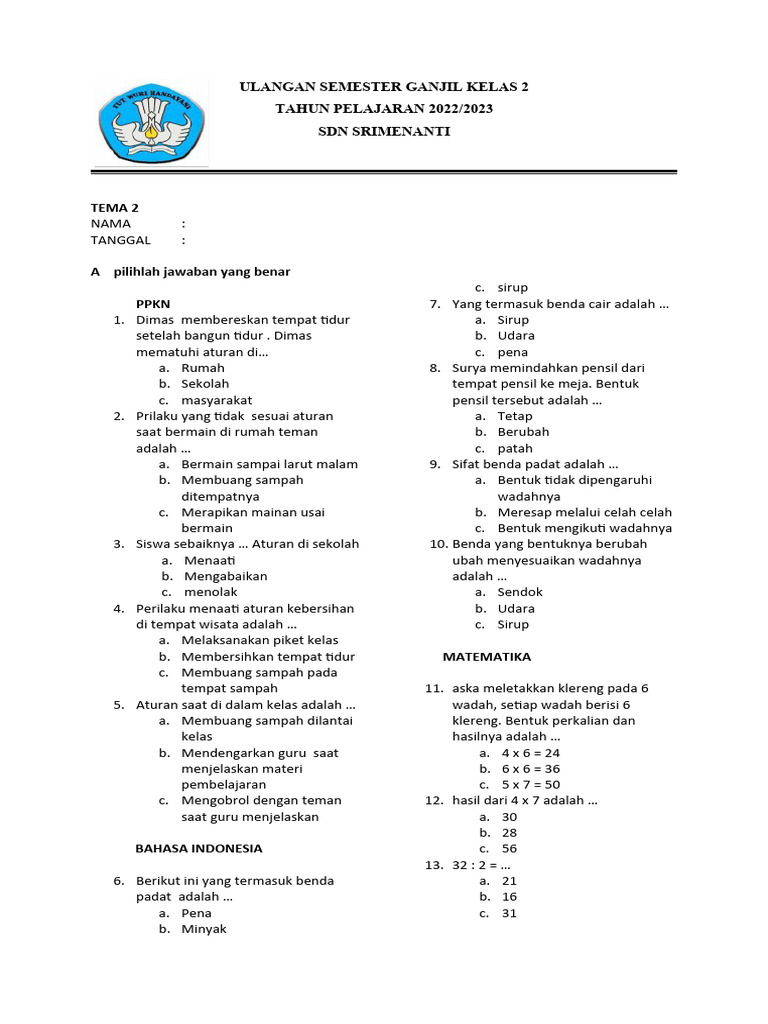 Uts Kelas 2 Tema 2 | PDF