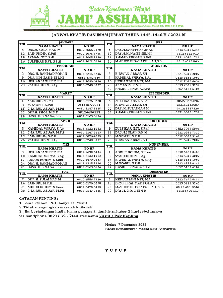 Jadwal Jum'at Mesjid Jami' Asshabirin 24-1 | PDF