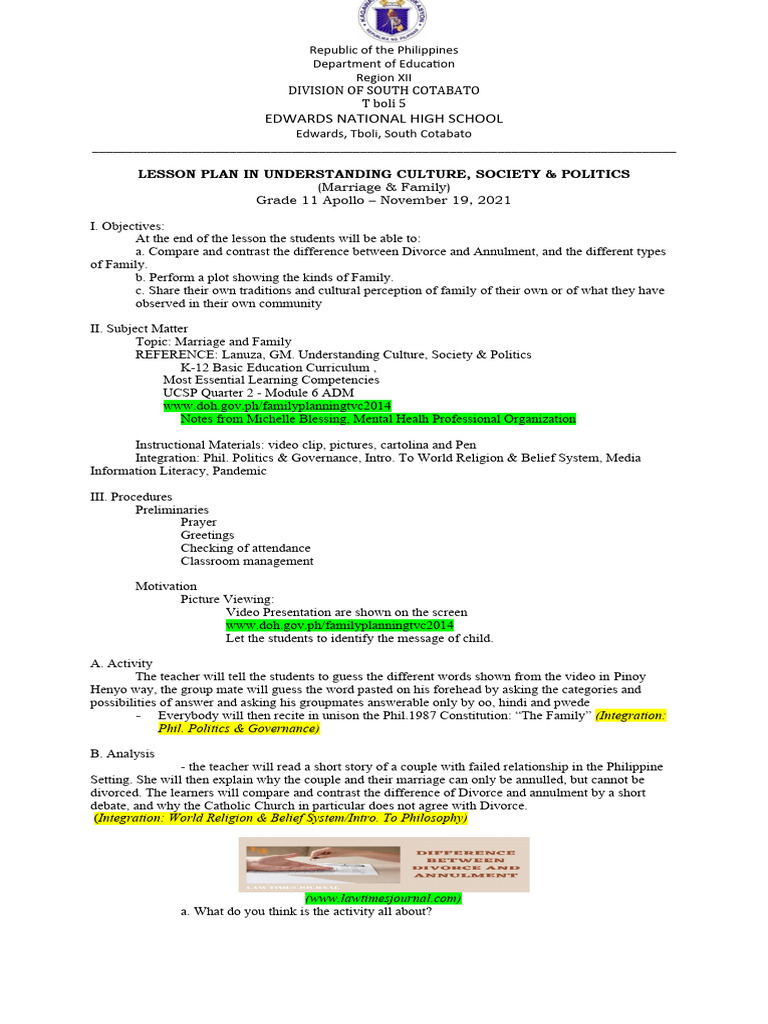Grade 11 Lesson Plan: Marriage & Family | PDF | Divorce | Learning