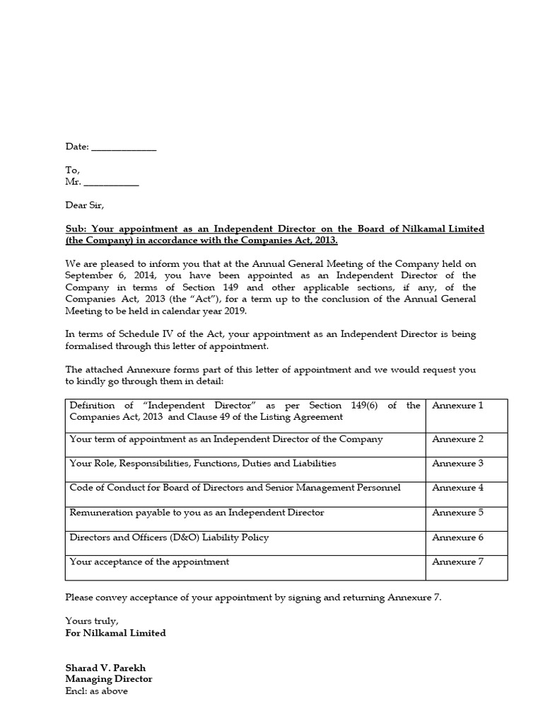 Directors Appointment Letter | PDF | Board Of Directors | Business Law