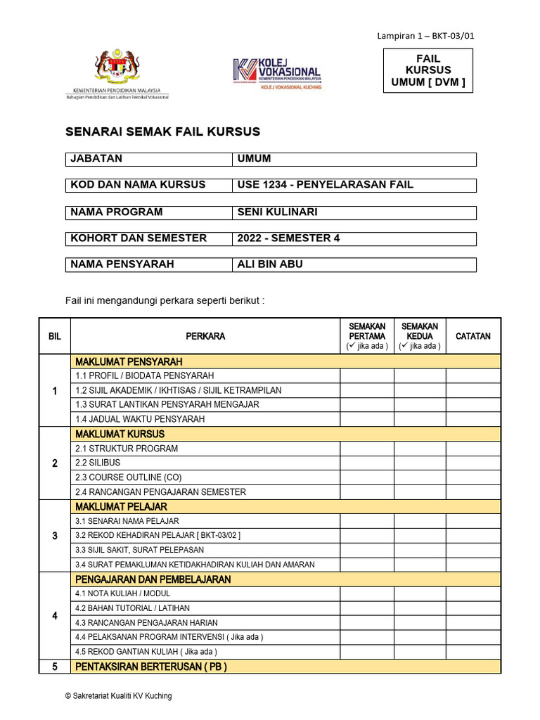 2023 Senarai Semak Fail Kursus Umum DVM | PDF