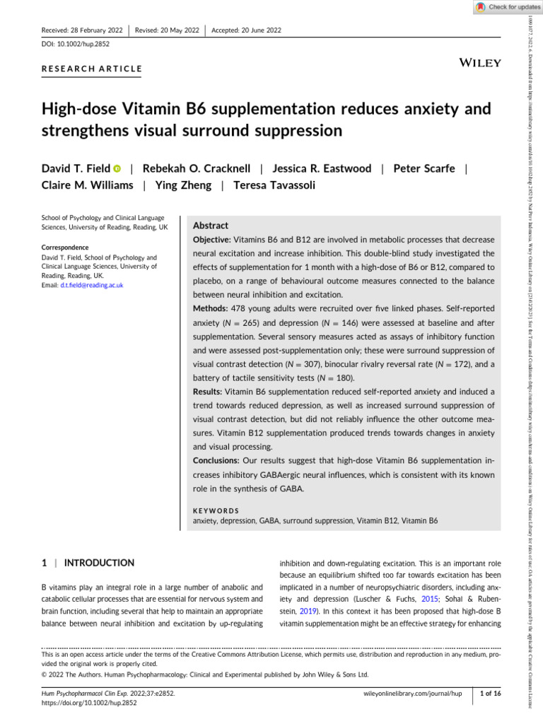 Human Psychopharmacology - 2022 - Field - High‐Dose Vitamin B6 ...