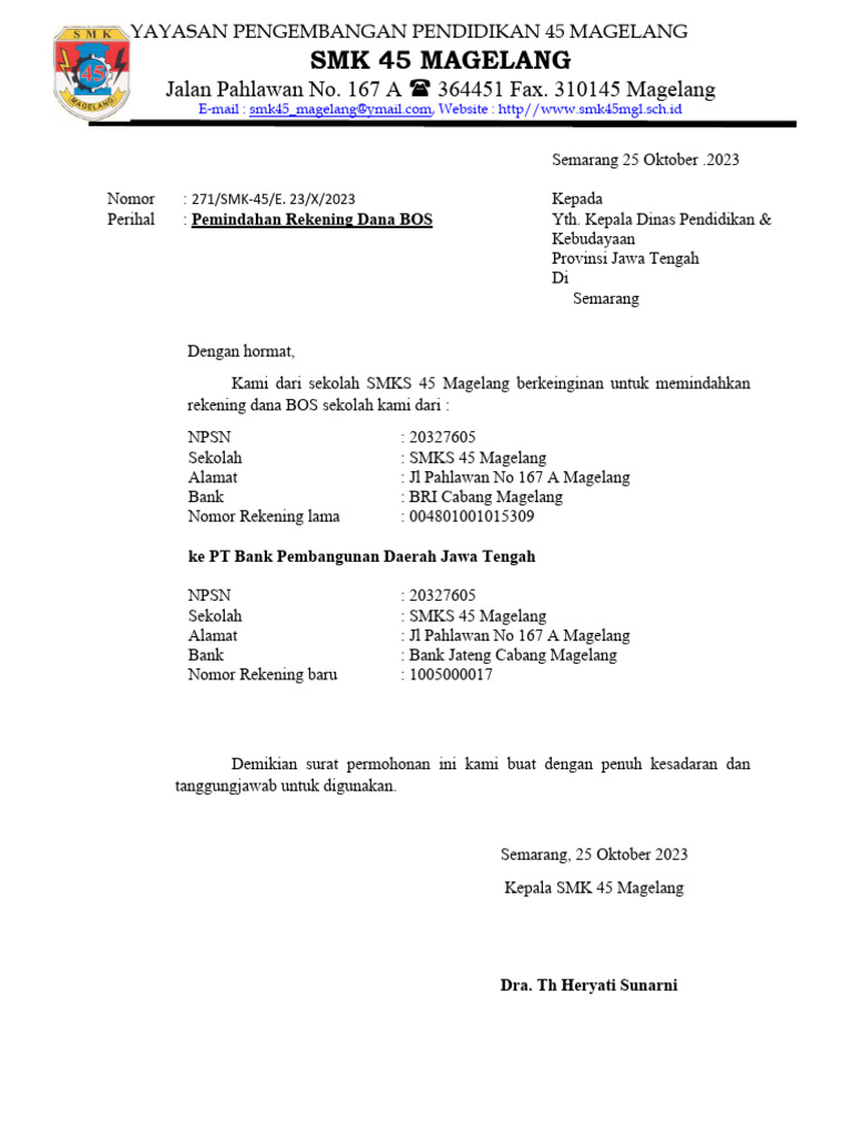 Surat Permohonan Pemindahan Rekening BOS | PDF