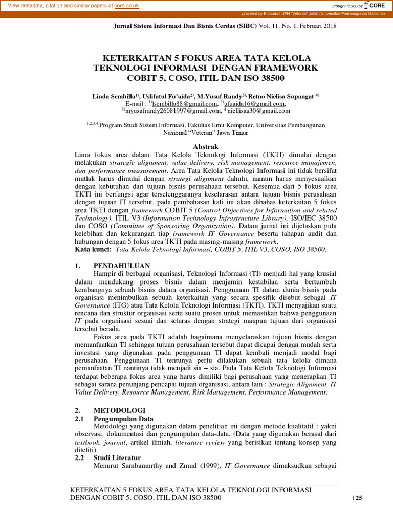 Keterkaitan 5 Fokus Area Tata Kelola Teknologi Informasi Dengan Framework Cobit 5, Coso, Itil ...