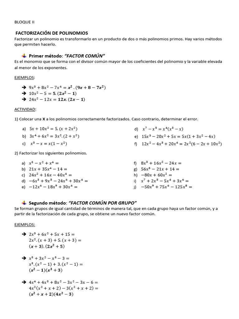 Bloque II - Factorización de Polinomios | Descargar gratis PDF | Factorización | Álgebra