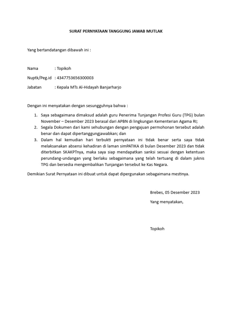 Surat Pernyataan Tanggung Jawab Mutlak (SPTJ) TPG | PDF