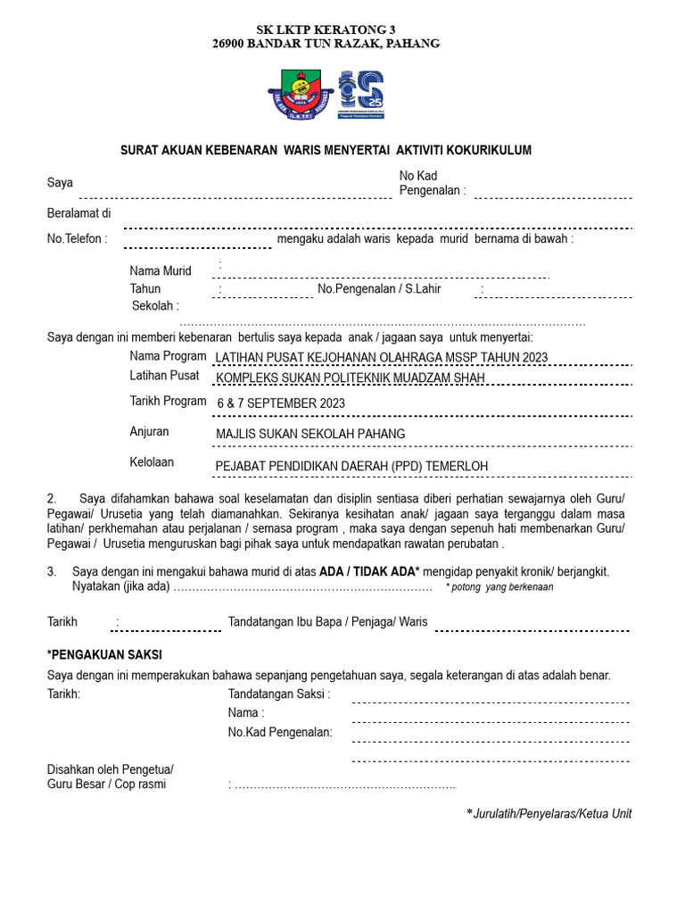 Surat Kebenaran Latihan Sukan 2023 | PDF