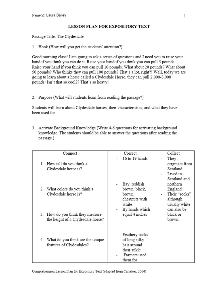 Expository Lesson Plan Doc Template | PDF | Horses | Part Of Speech