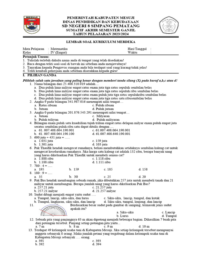 Sumatif Mtk Kelas 4 Sem 1 | PDF