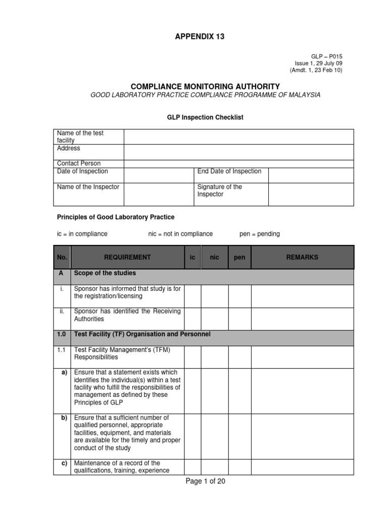 APPENDIX 13 GLP-P015 GLP Inspection Checklist 290709 Amdt1 230210 | PDF ...