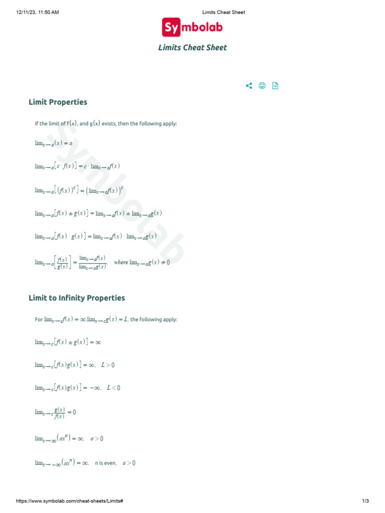 Limits Cheat Sheet | PDF | Mathematical Analysis | Analysis
