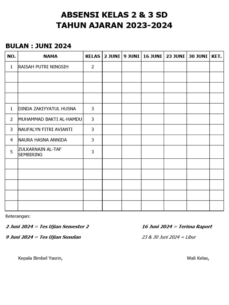 Absen Kelas 2 | PDF