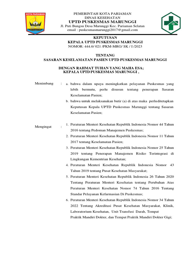 SK Sasaran Keselamatan Pasien | PDF