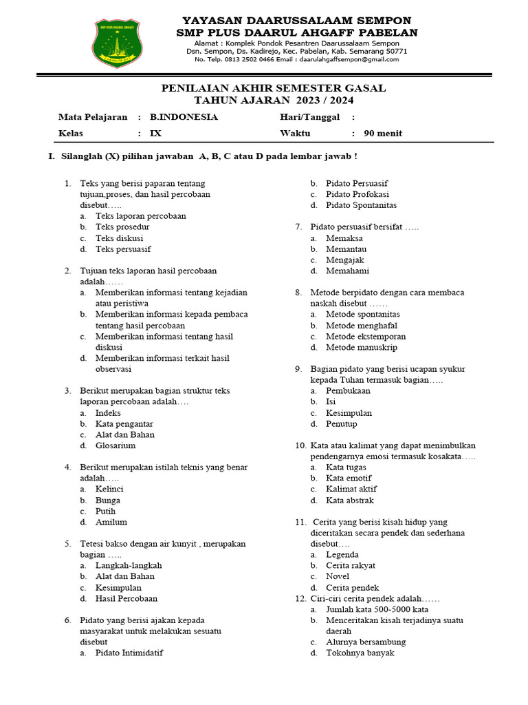 Soal Pas Kelas 9 Mapel B Indonesia 2023 2024 Pdf