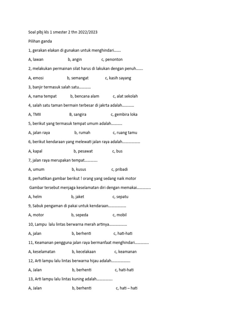 Soal PLBJ Kls 1 Smester 2 THN 2022 | PDF