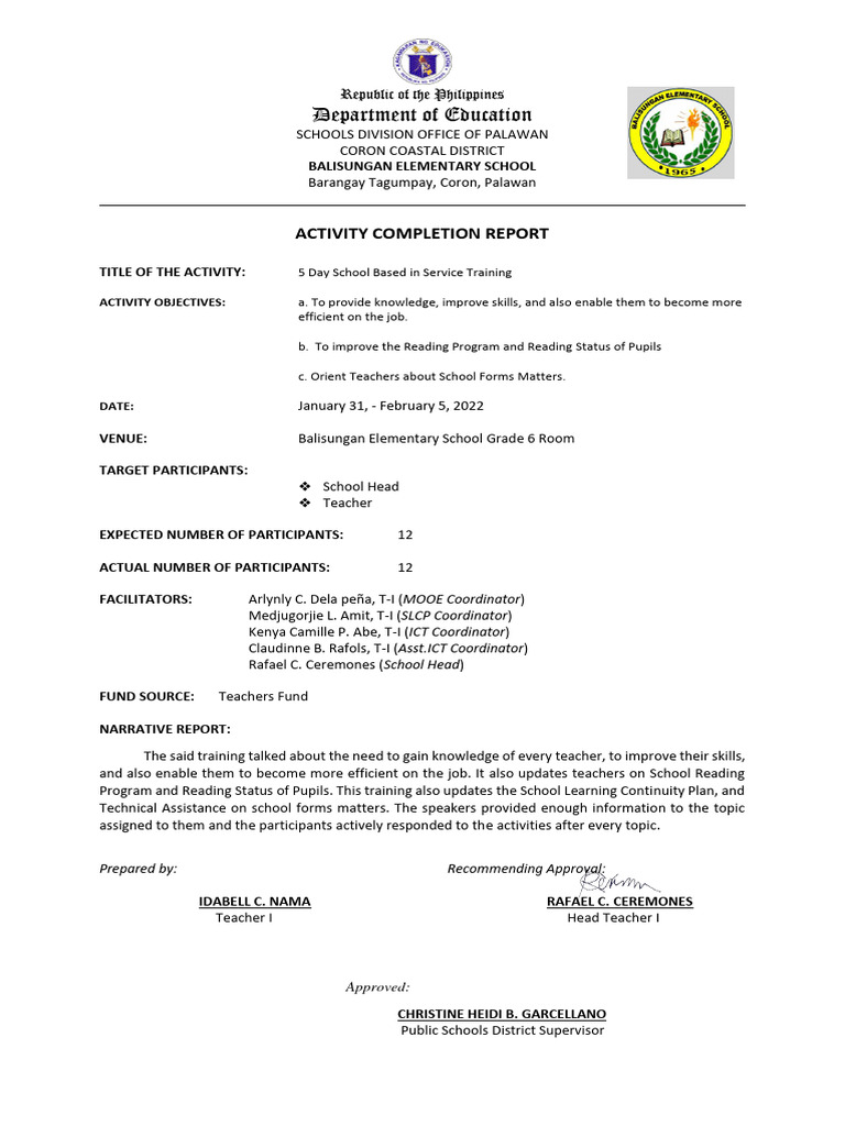 Inset - Completion Report | PDF | Behavior Modification | Learning