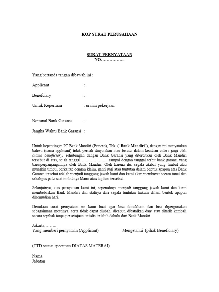 Surat Pernyataan Bank Garansi Mandiri | PDF | Bisnis | Hukum