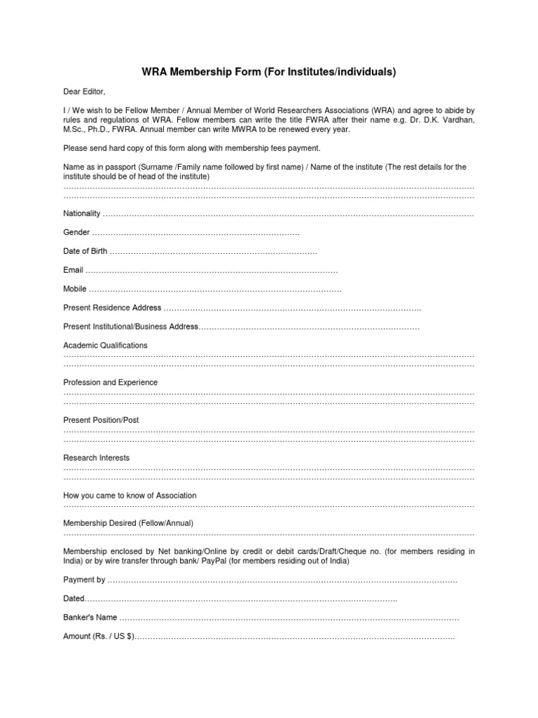 WRA Membership Form | PDF | Payments | Cheque