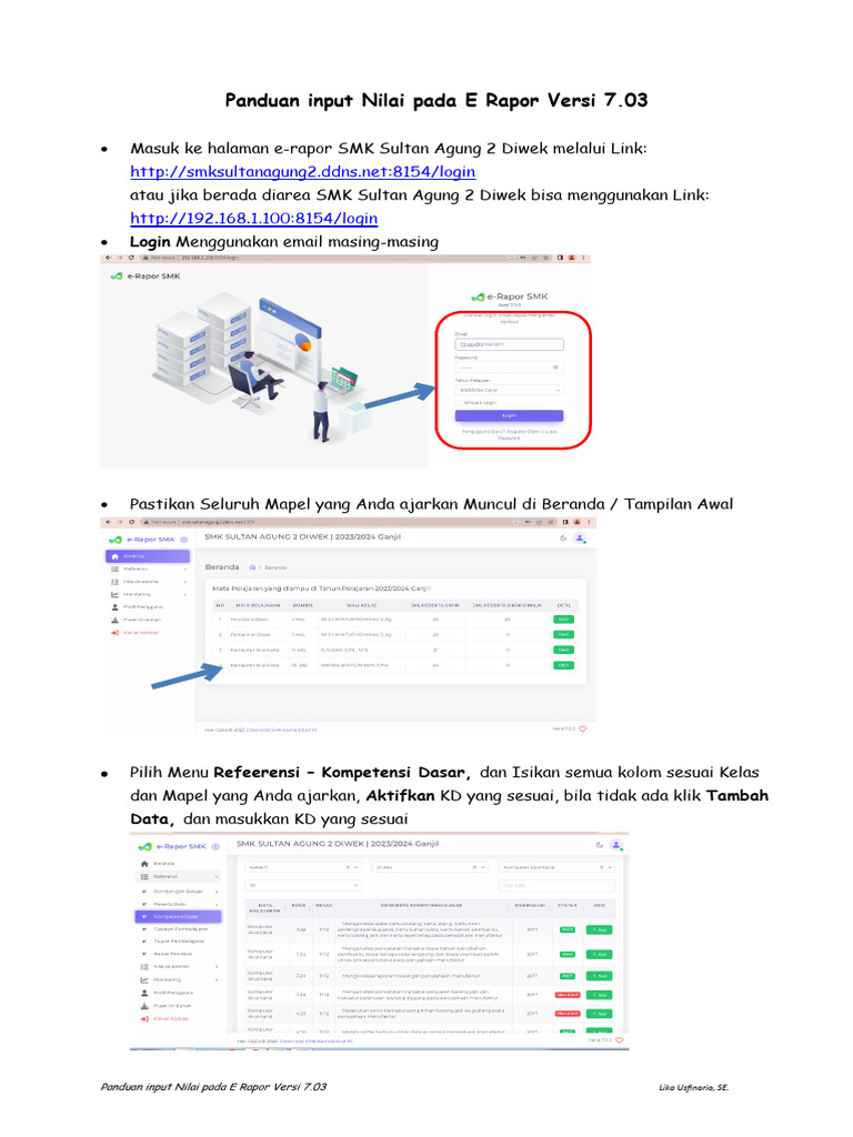 Panduan Input Nilai Pada E Rapor Versi 7.03 | PDF