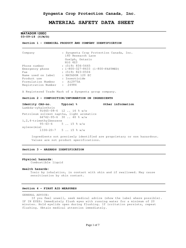 Matador 120 EC Insecticide Overview | PDF | Water | Personal Protective ...