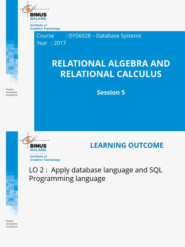 Session 5 - Relational Algebra and Relational Calculus | PDF | Relational Model | Mathematical ...