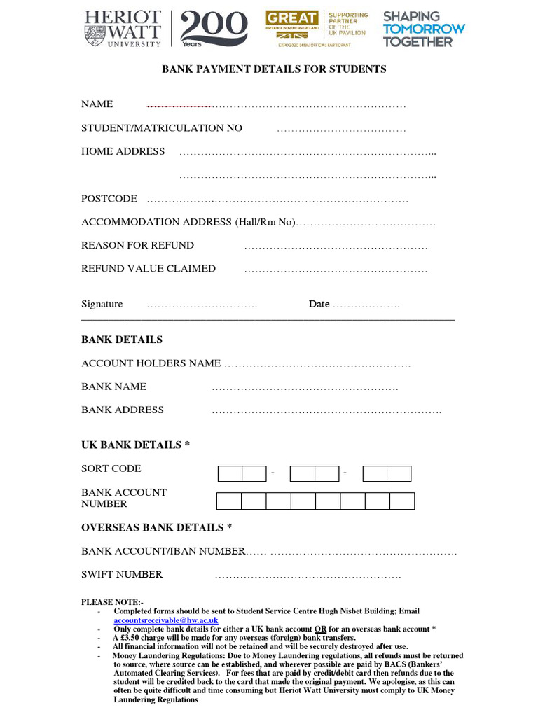 Student Bank Payment Refund Form | PDF