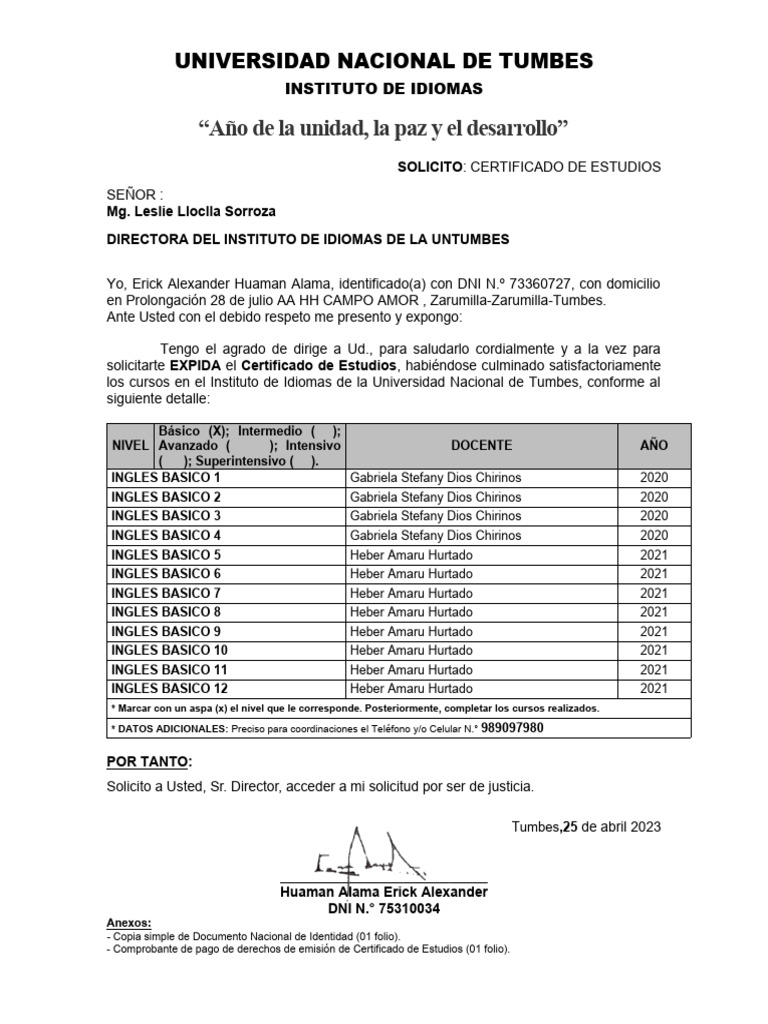 Solicitud de Ingles Erick Huaman Alama | PDF