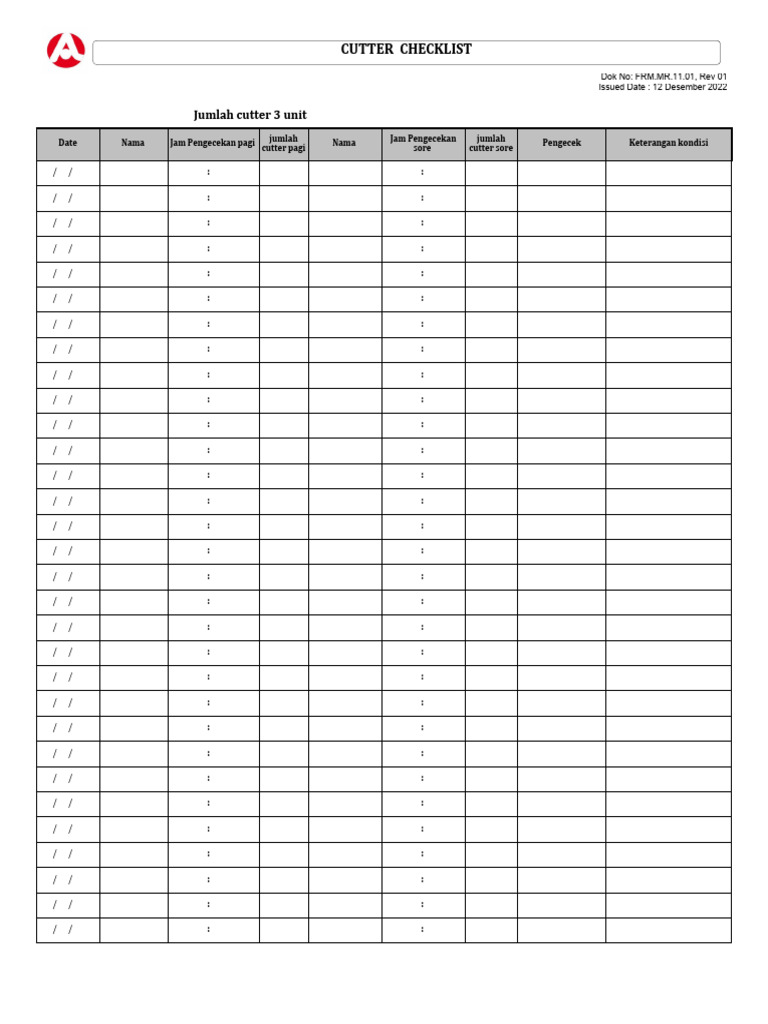 FRM - mr.11.01. Rev 01 Cutter Checklist | PDF