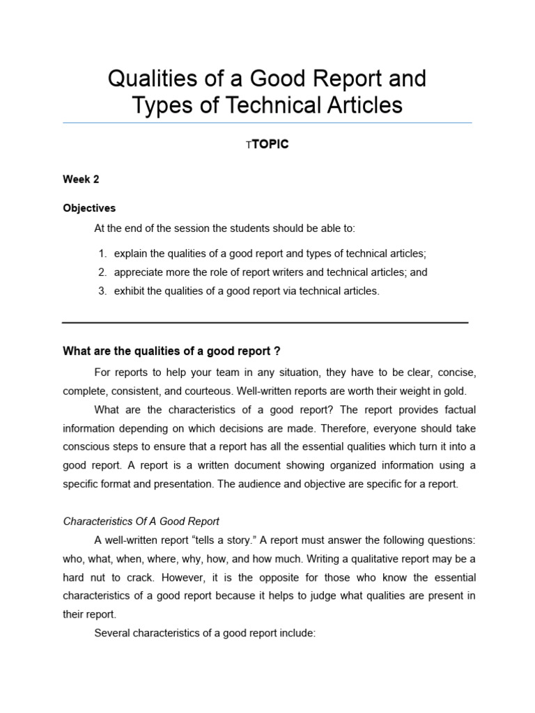 Week 3 - Qualities of Report Writing Types of Technical Articles | PDF ...