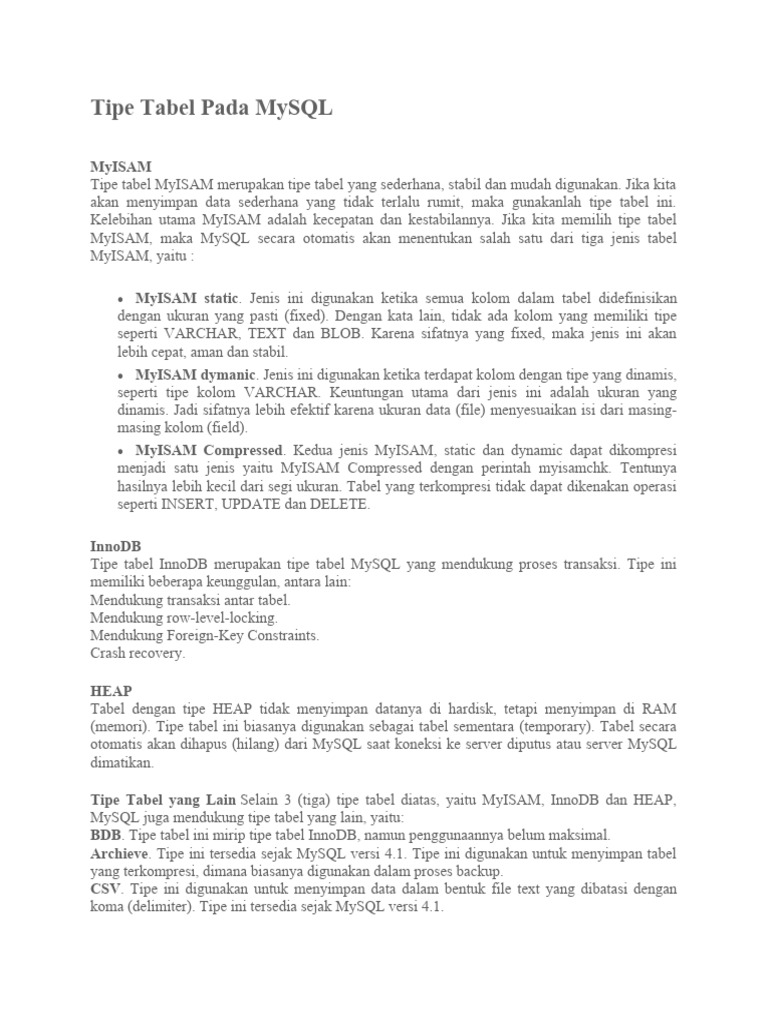 Tipe Tabel Pada MySQL | PDF