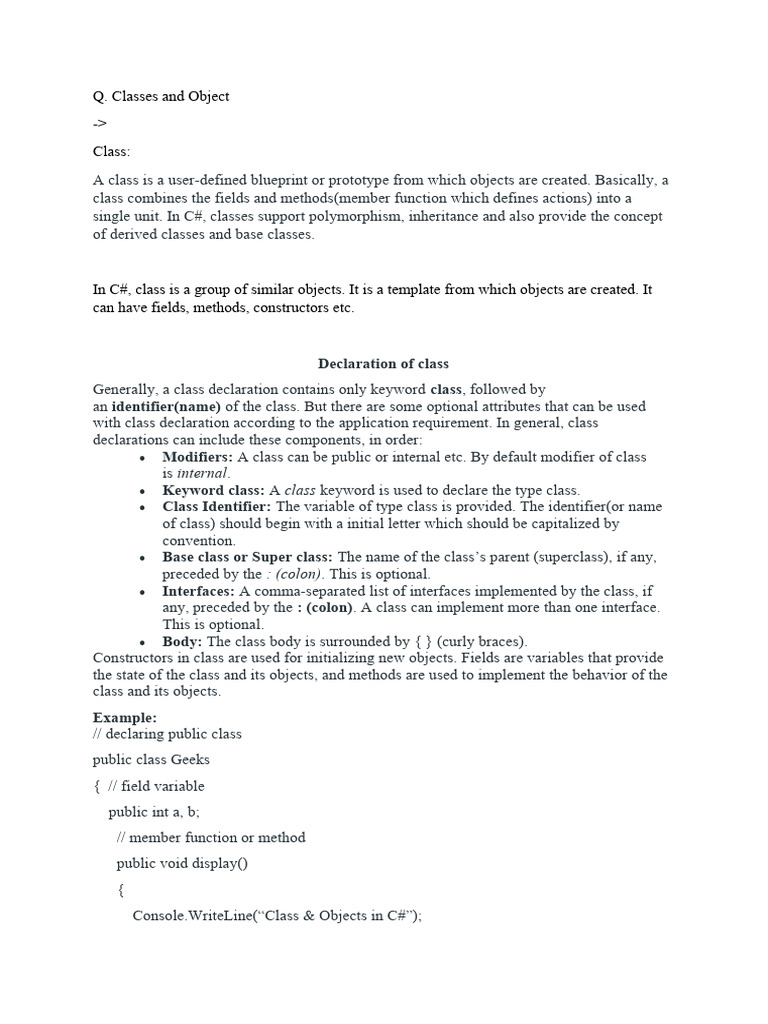 Q. Classes and Object - Class | Download Free PDF | Class (Computer ...
