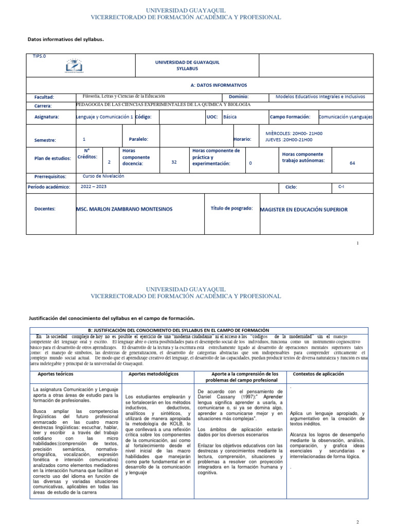 SILABUS LENGUAJE Y COMUNICACIÓN 1-Signed-Signed-Signed-Signed | PDF | Comunicación | Aprendizaje
