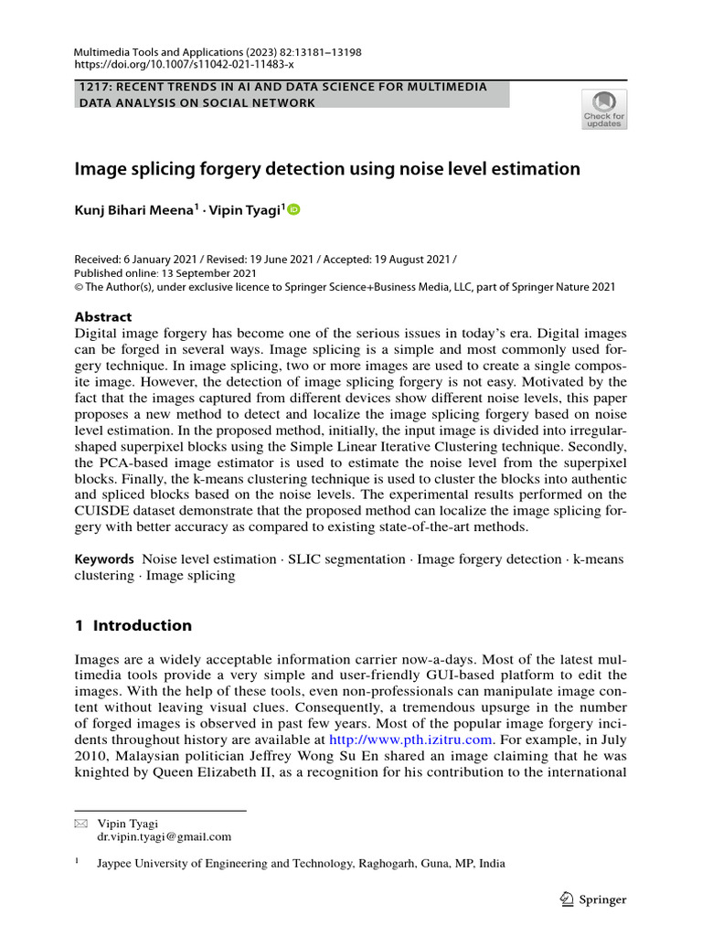 Image Splicing Forgery Detection Using Noise Level Estimation Pdf