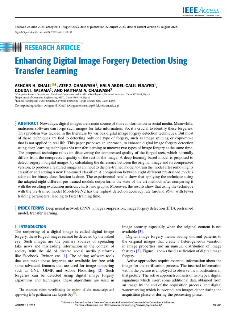 Enhancing Digital Image Forgery Detection Using Transfer Learning Pdf