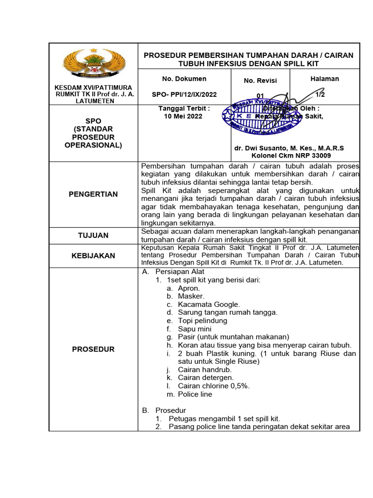 Sop Prosedur Pembersihan Tumpahan Darah Cairan Tubuh Infeksius Dengan Spill Kit - 112311 | PDF