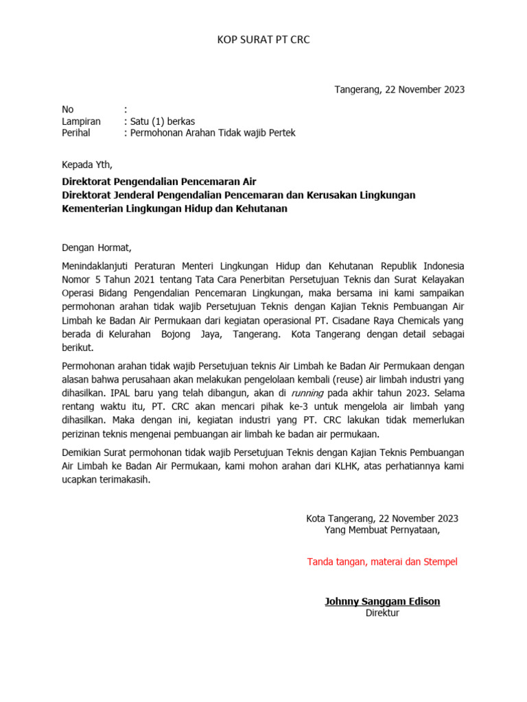 Surat Permohonan Tidak Wajib Pertek | PDF