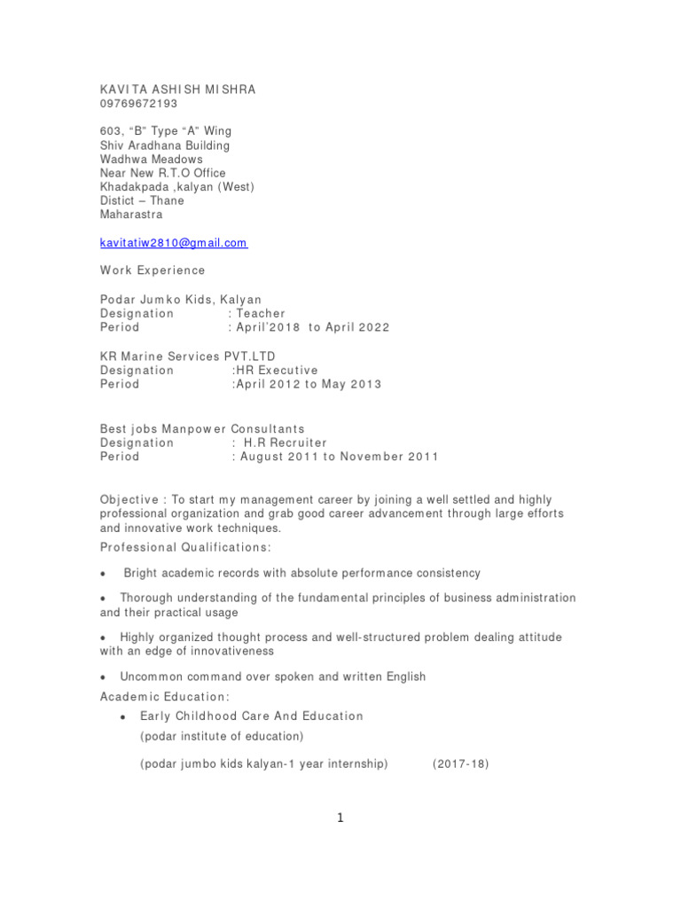 Kavita Ashish Mishra - Resume | Download Free PDF | Behavior Modification | Cognitive Science