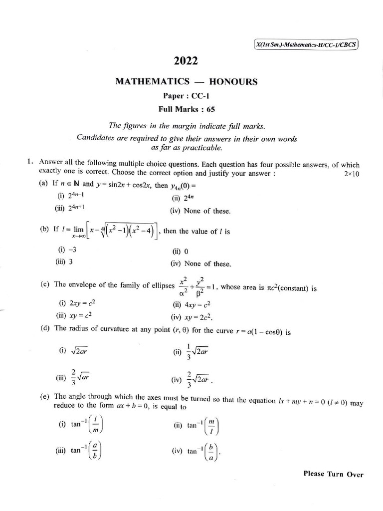 CU-2022 B.sc. (Honours) Mathematics Semester-1 Paper-CC-1 QP | PDF | Mathematics | Euclidean ...