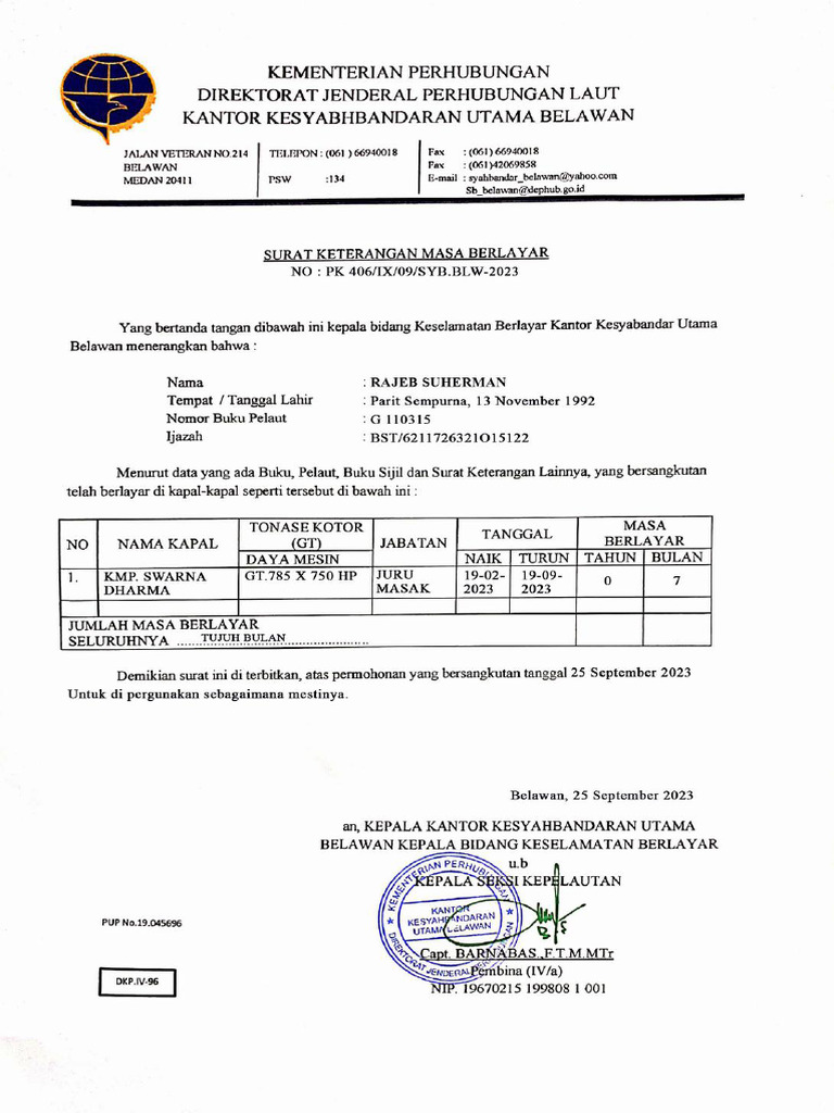 Surat Keterangan Masa Berlayar-Rejeb Suherman | PDF