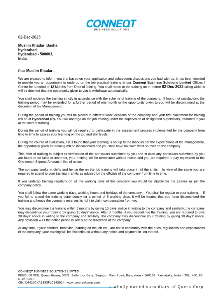 Offer Letter For Training | PDF | Insurance | Employee Benefits