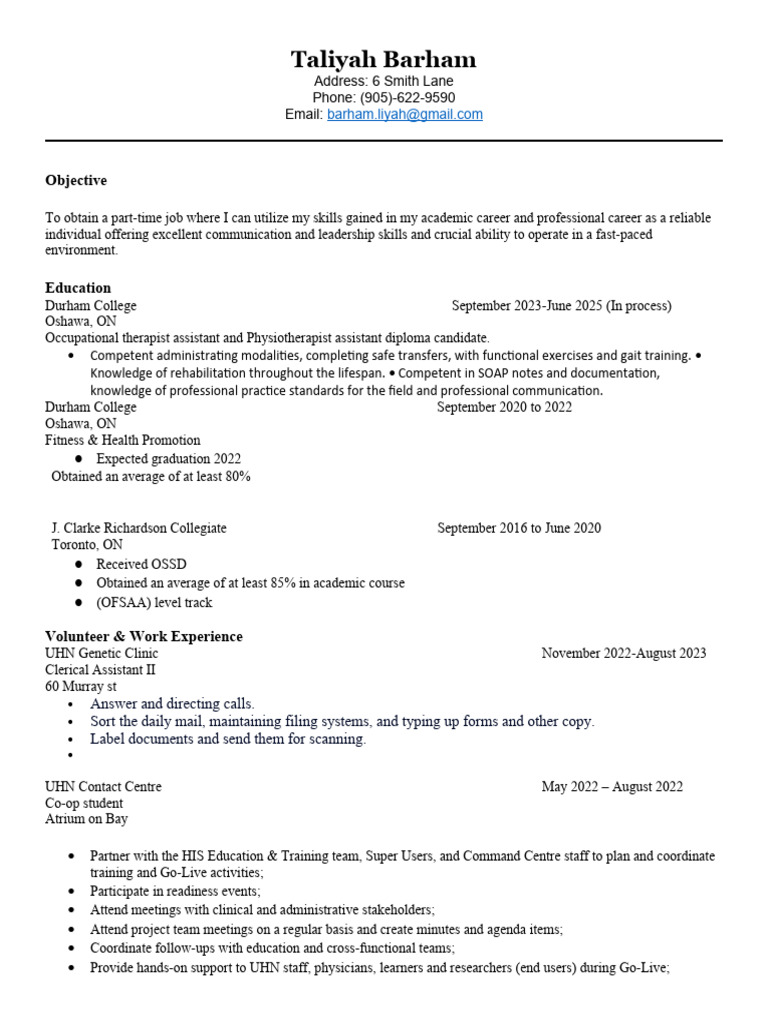 Taliyah Barham Resume: Skills & Experience | PDF | Physical Therapy