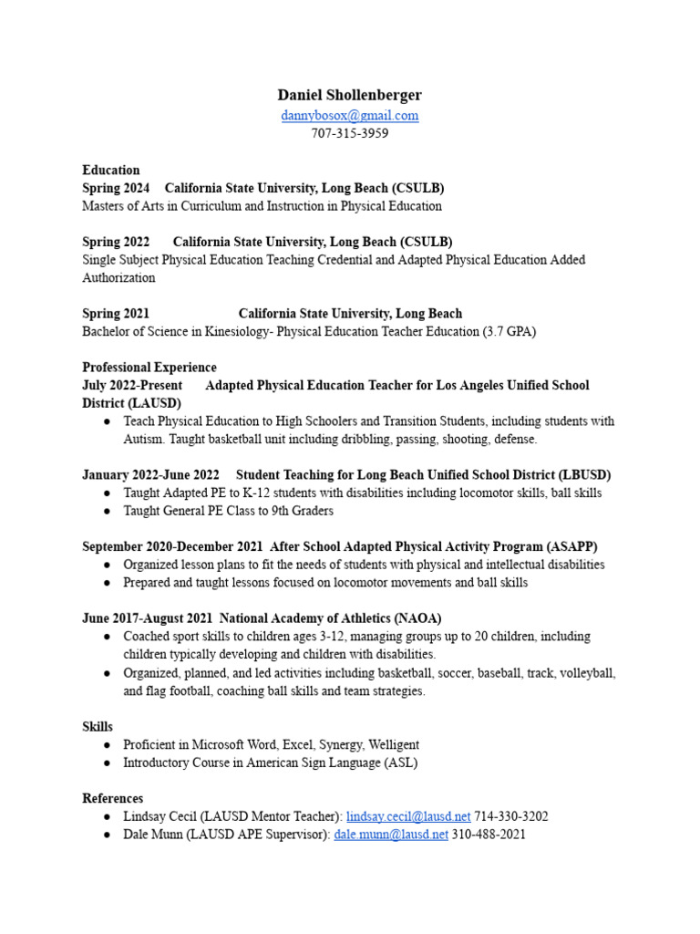 Daniel Shollenberger: APE Teacher Resume | PDF