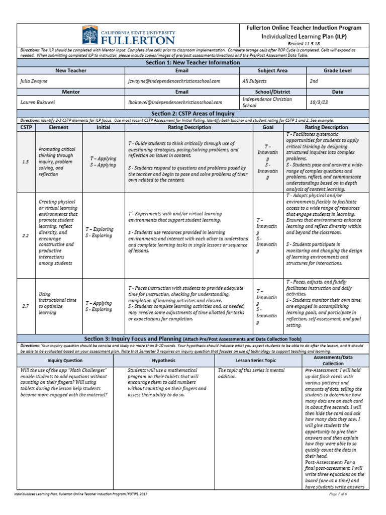 Ilp Form Semester3 | PDF | Learning | Teachers