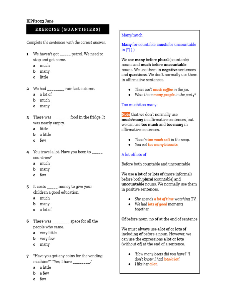 Exercise [Quantifiers] | PDF | Noun | Language Mechanics