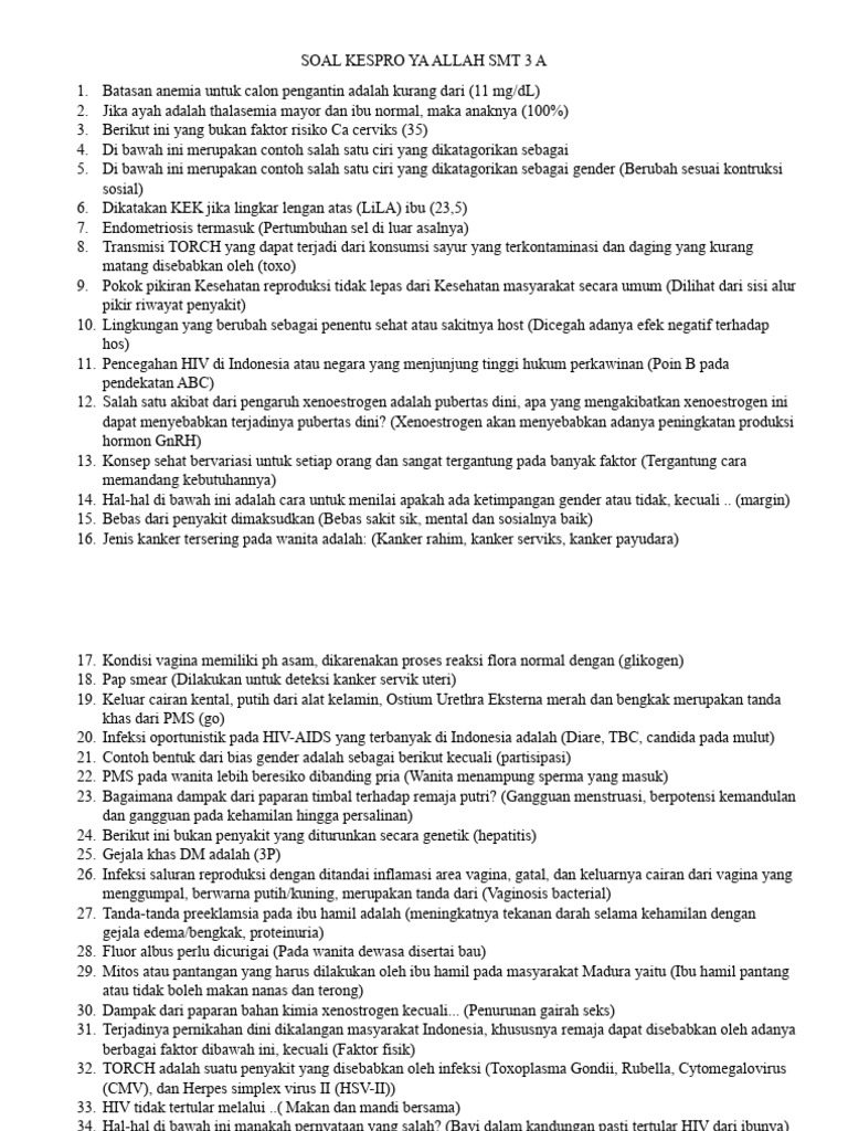 Soal Kespro Ya Allah SMT 3 A | PDF