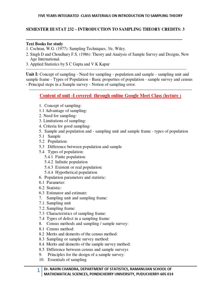Intro to Sampling Theory Course | PDF | Estimator | Sampling (Statistics)