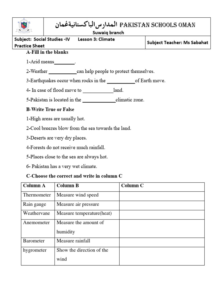G-4 SST Lesson 3 Practice Sheet | PDF | Rain | Climate